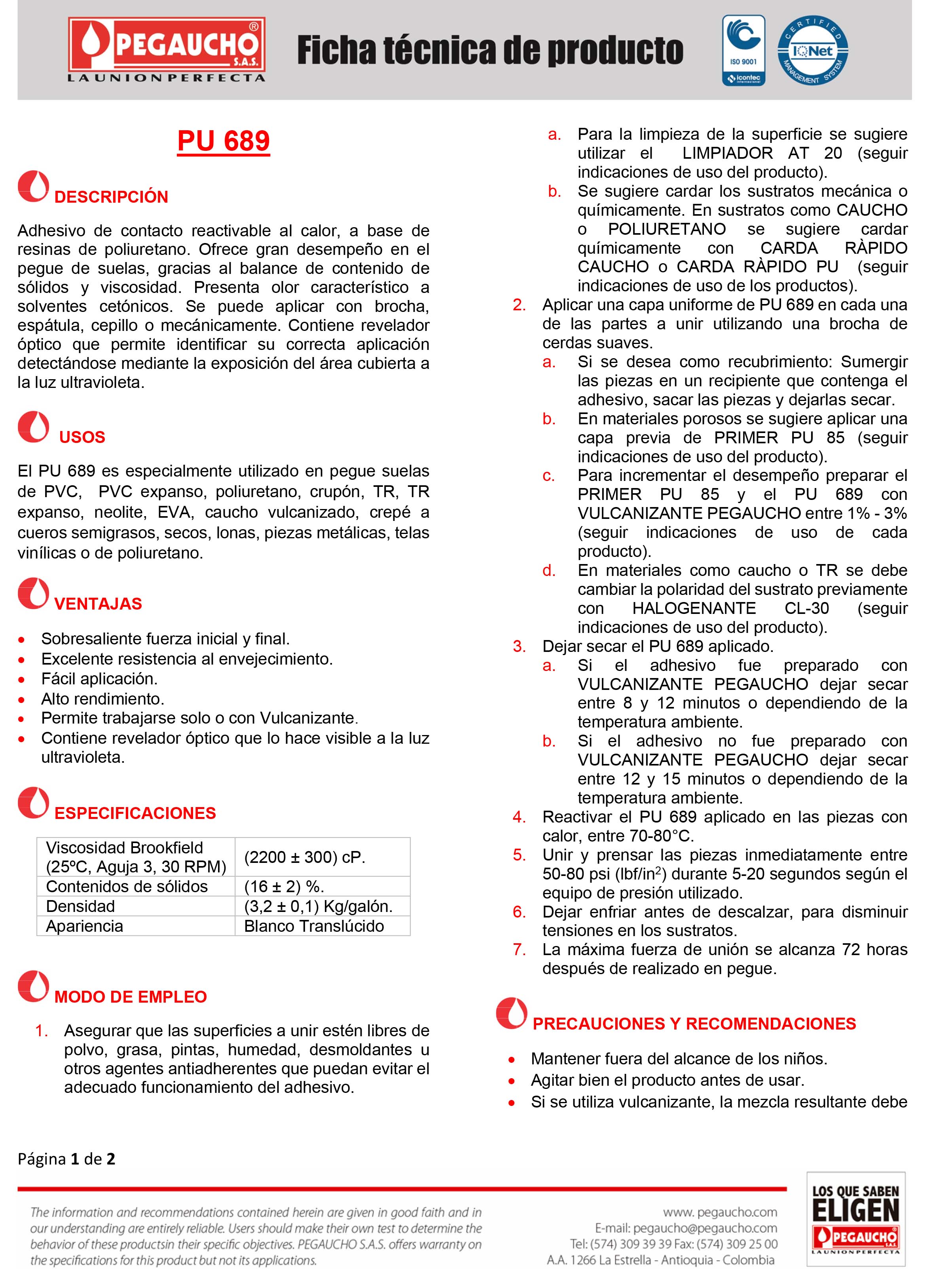 Pegante De Poliuretano uso Profesional 2000 ml PU 689 X00372 - Dyna & Cia S.A.